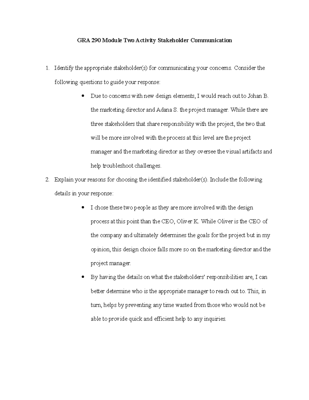 GRA 290 Module Two Activity: Stakeholder Communication Analysis - Studocu