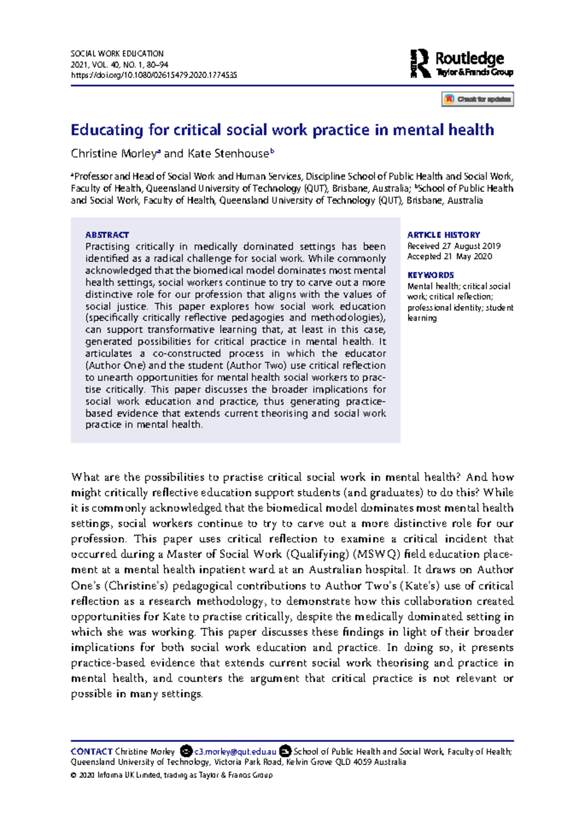 Educating Critical Social Work Practice in Mental Health (MSWQ ...
