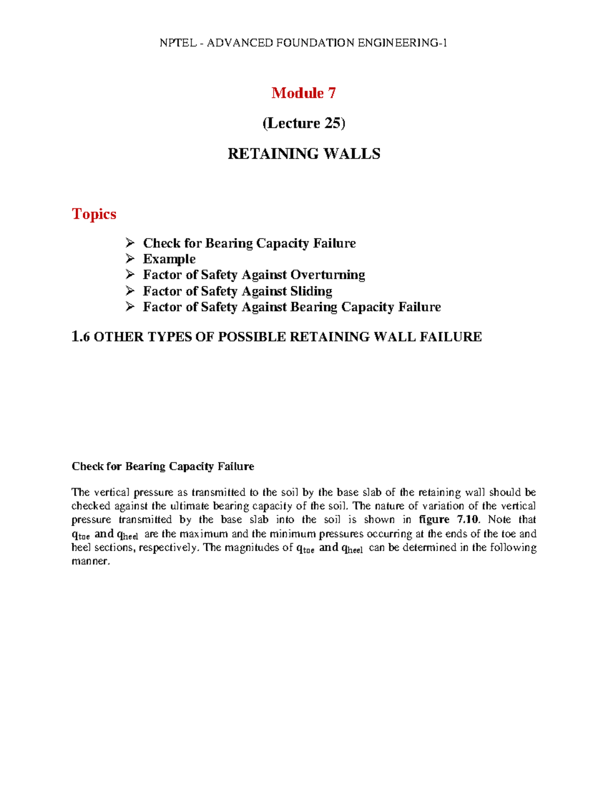 Lecture 2.5: Retaining Wall Notes - Factors of Safety & Failures - Studocu