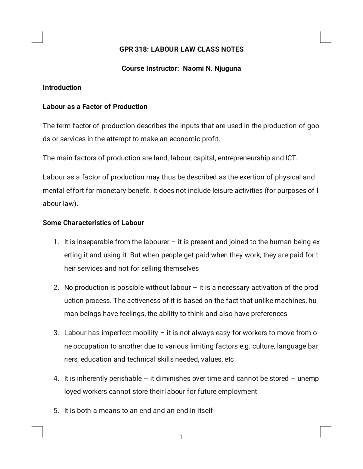 Labour LAW Class Notes updated Phoenix - GPR 318: LABOUR LAW CLASS ...