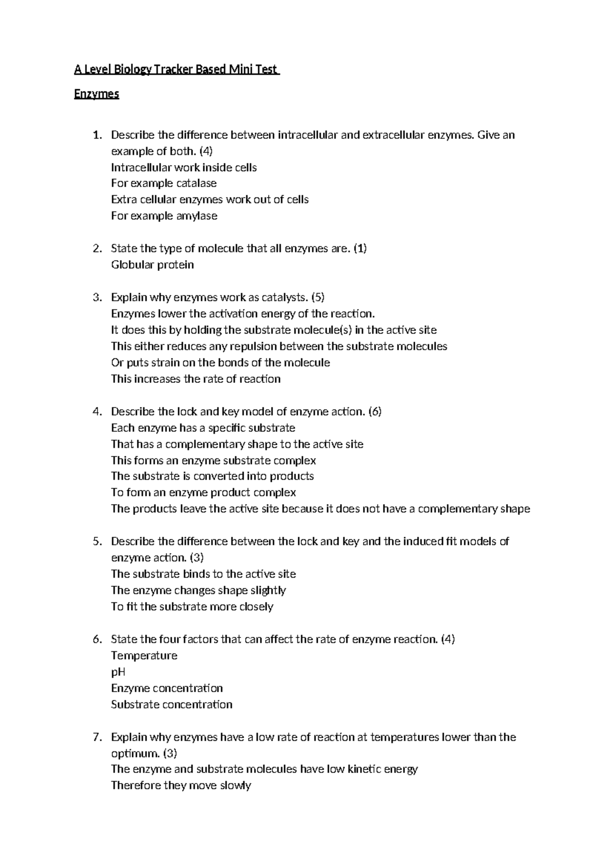 A Level Biology Mini Test: Enzymes Overview and Key Concepts - Studocu