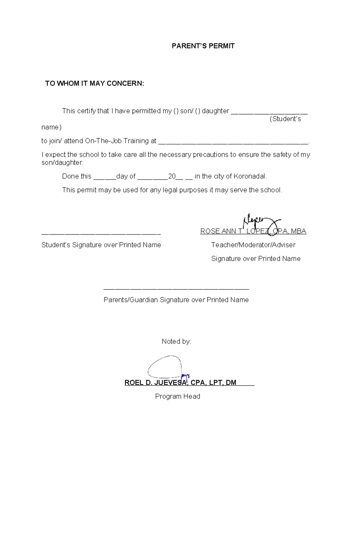 OJT Parents Consent Form - PARENT’S PERMIT TO WHOM IT MAY CONCERN: This certify that I have ...