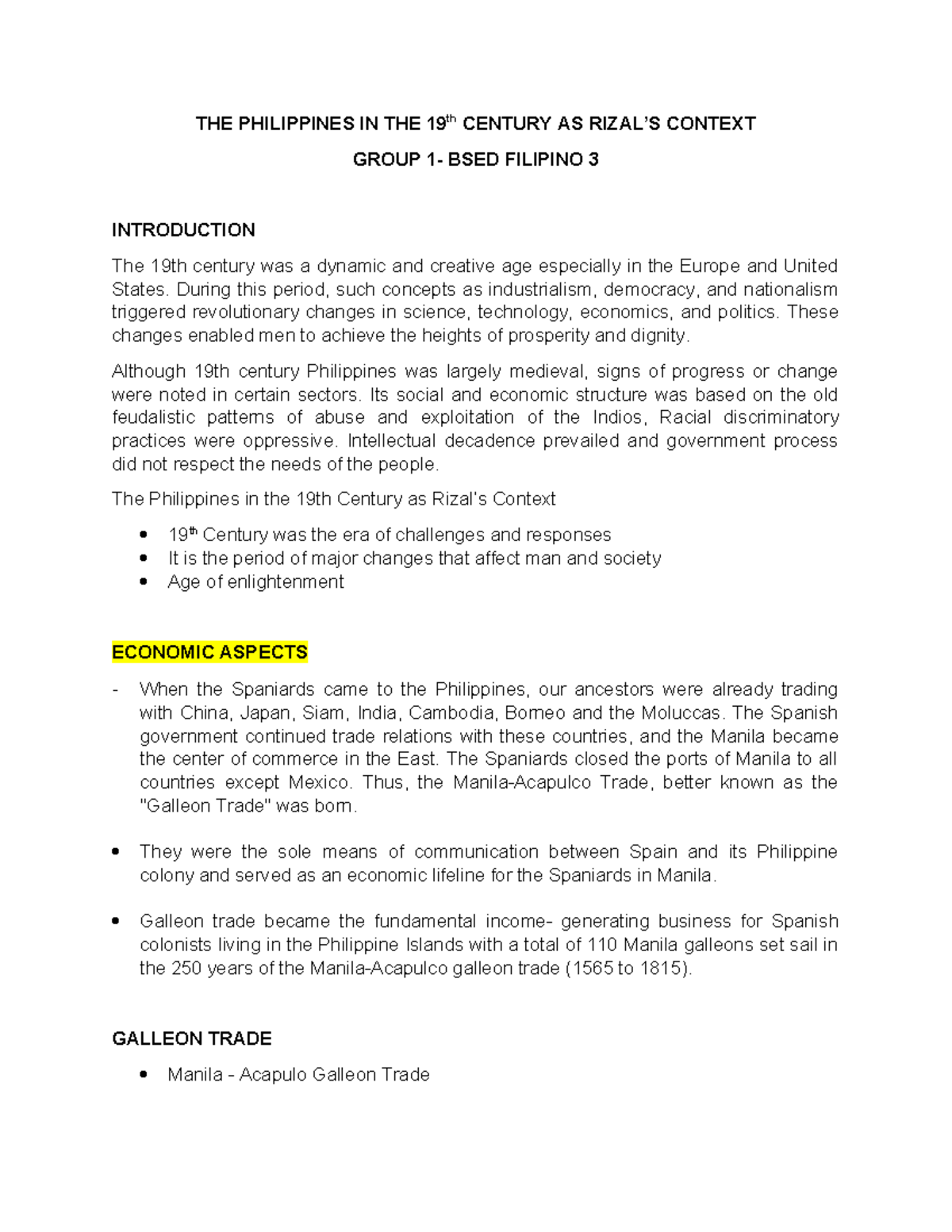 RIZAL IN CONTEXT: The Philippines in the 19th Century (BSED Filipino 3 ...
