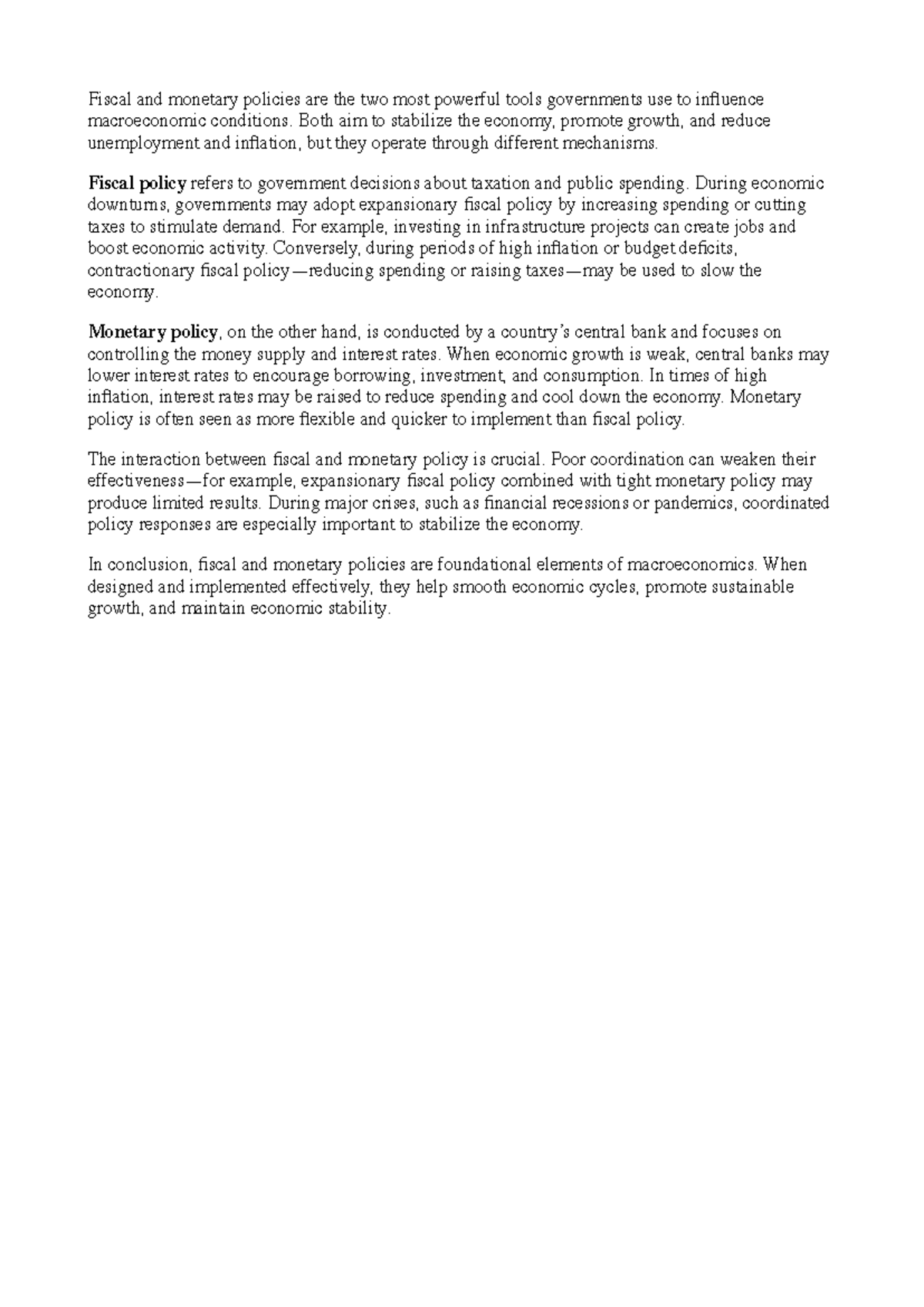 Fiscal and Monetary Policies: Key Tools for Economic Stability - Studocu