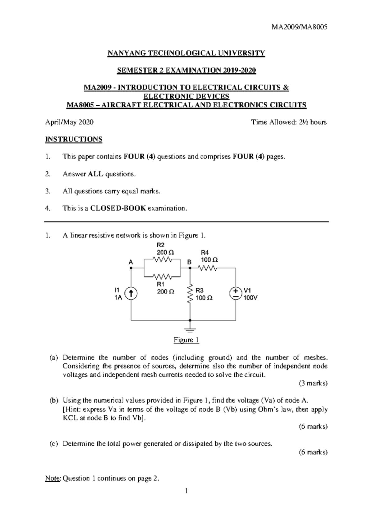 MA2009 Semester 2 Exam: Introduction to Electrical Circuits ...