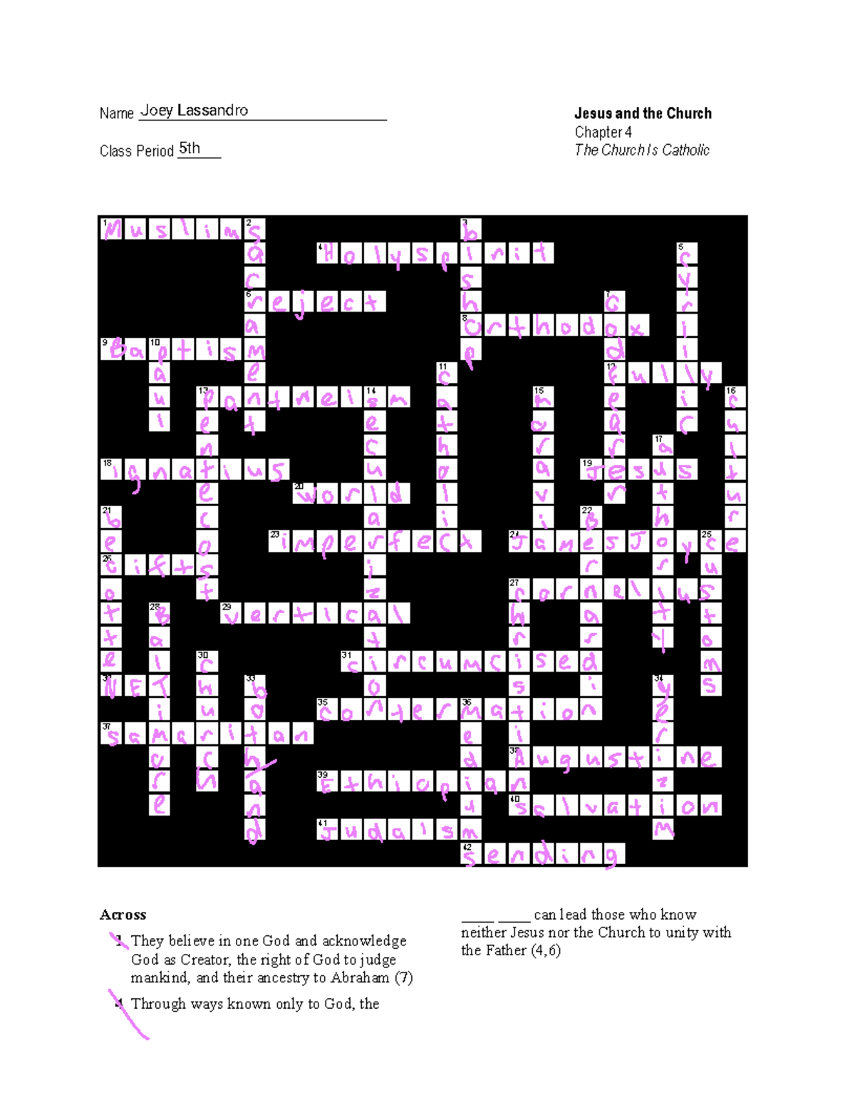 Jesus and the Church Chapter 4 Crossword Puzzle (5th Class) - Studocu