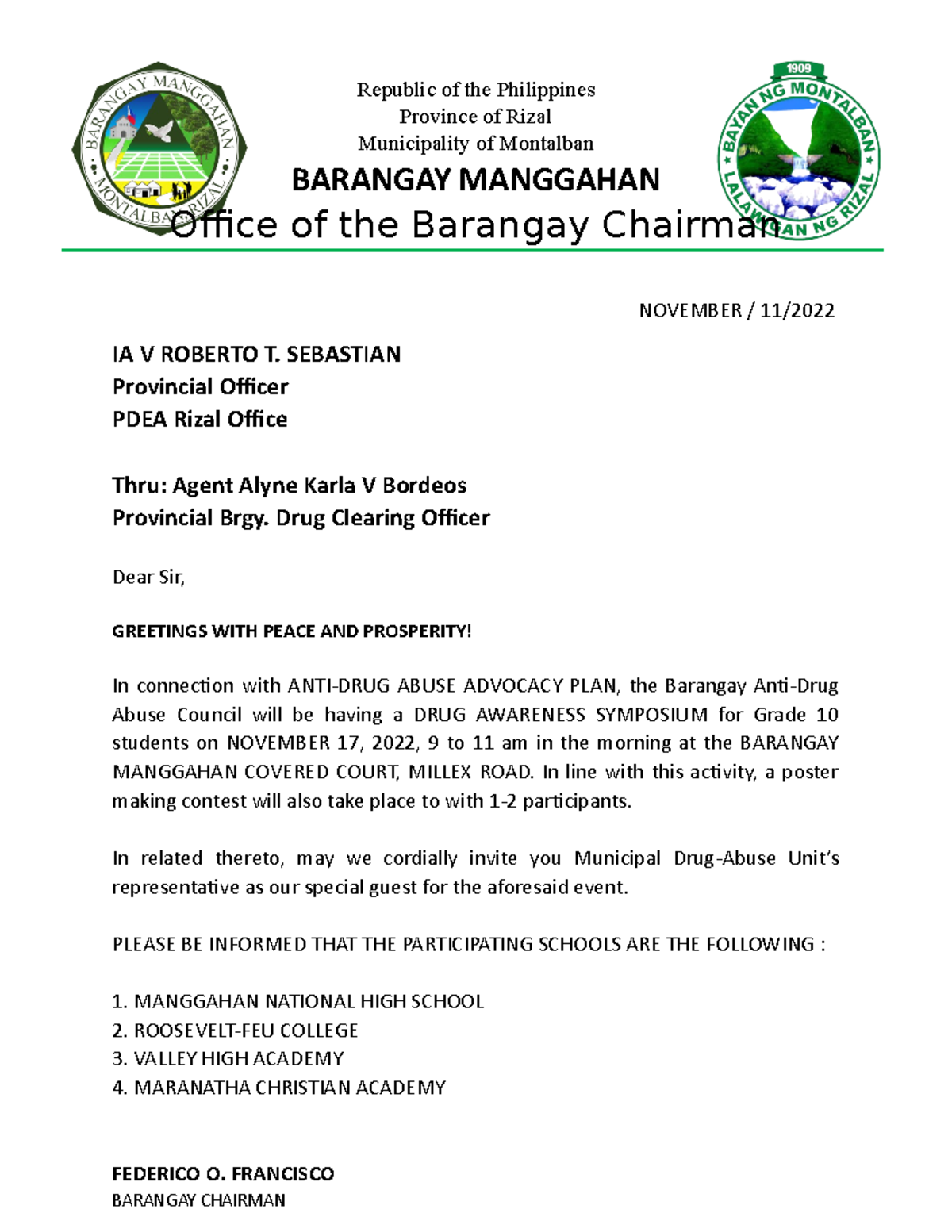 Invitation Letter for PDEA: Drug Awareness Symposium on Nov 17, 2022 ...