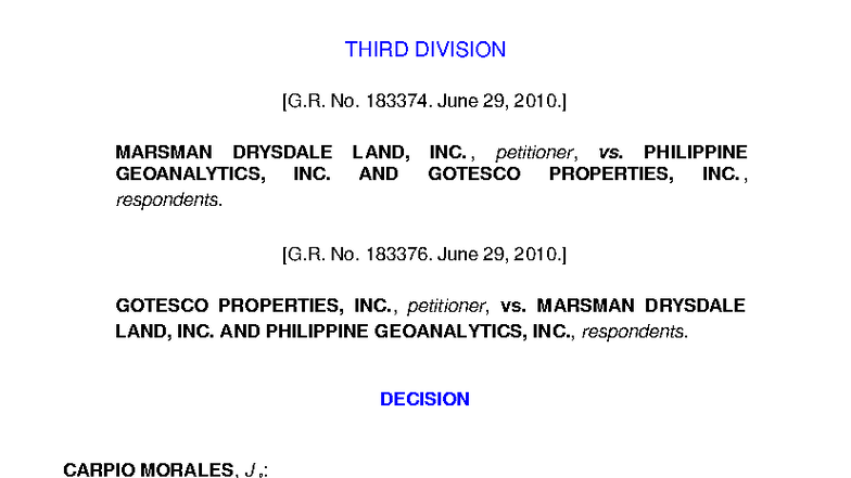 Marsman Drysdale Land, Inc. vs. Philippine Geoanalytics, Inc. Case ...