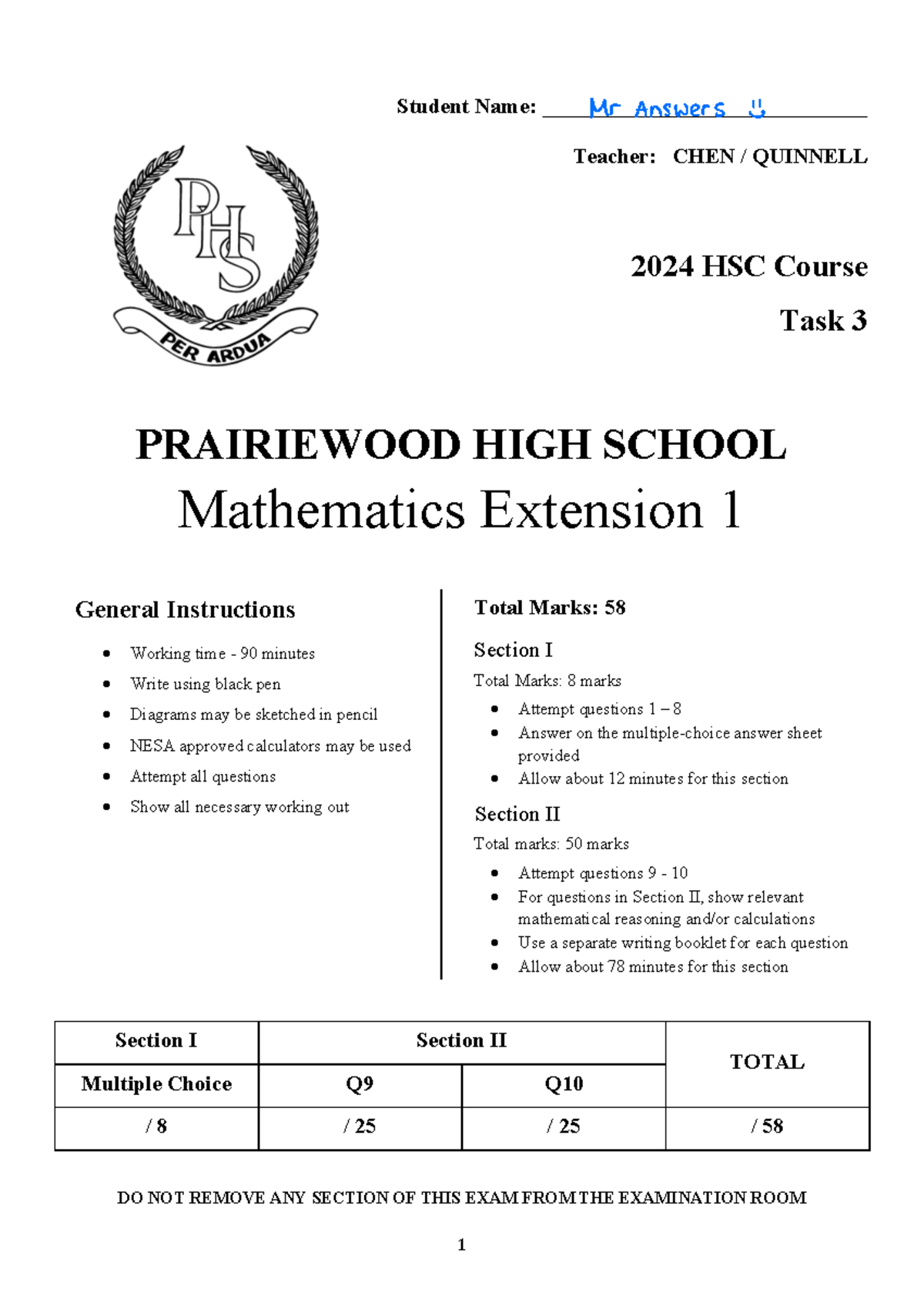Year 12 Mathematics Extension 1 Task 3 2024 Exam Solutions - Studocu