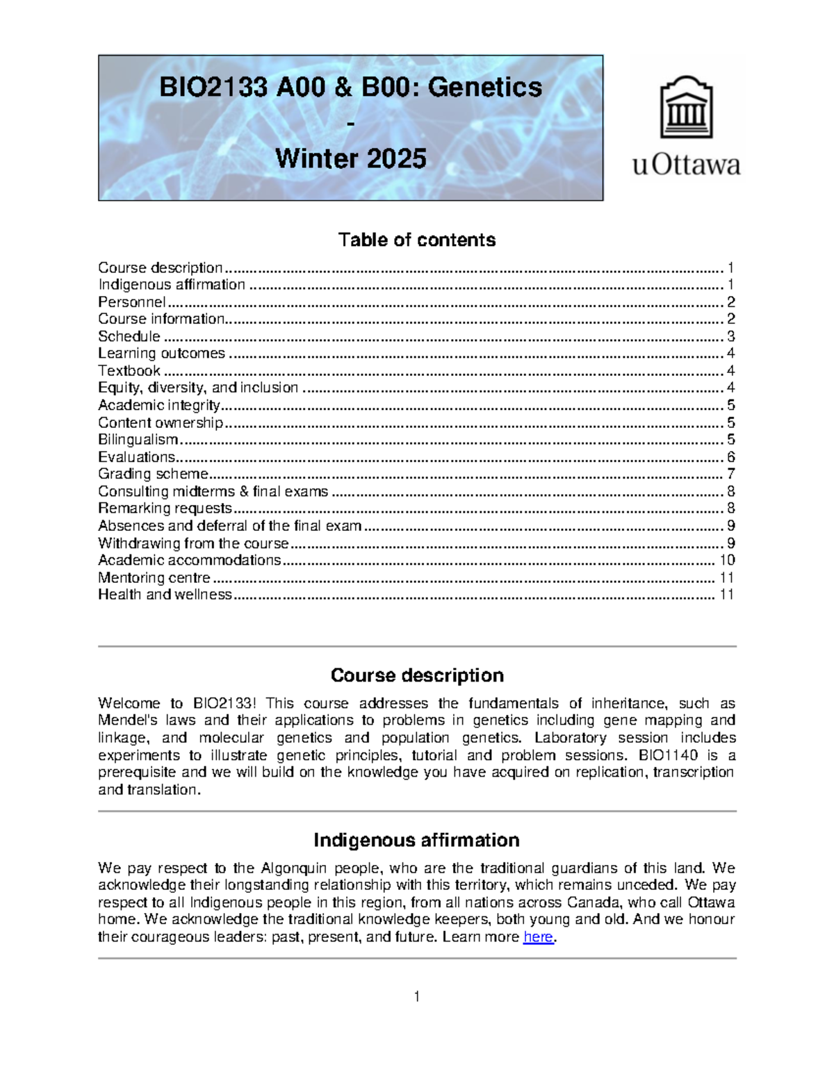 BIO2133-2025 Course Syllabus: Genetics Sections A & B Overview - Studocu