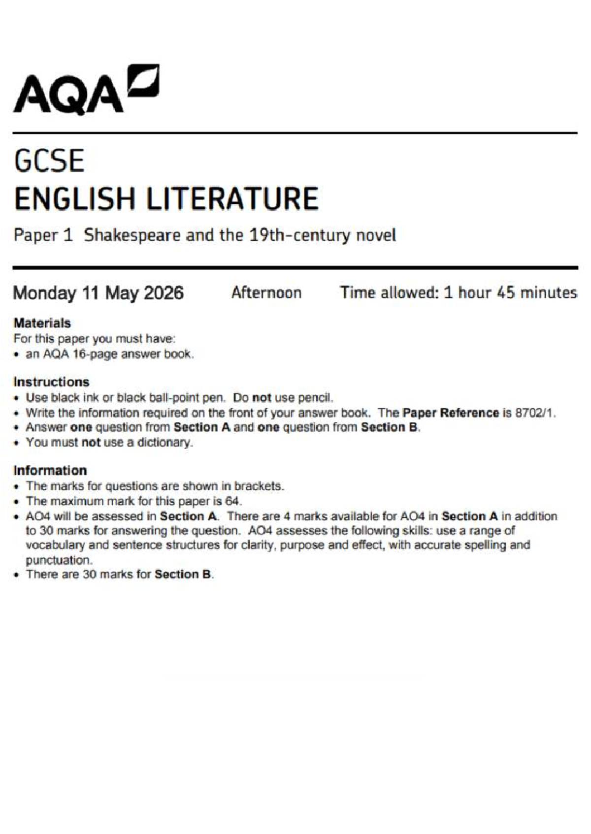 2026 AQA GCSE English LIT Paper 1: Predicted Questions on Shakespeare ...