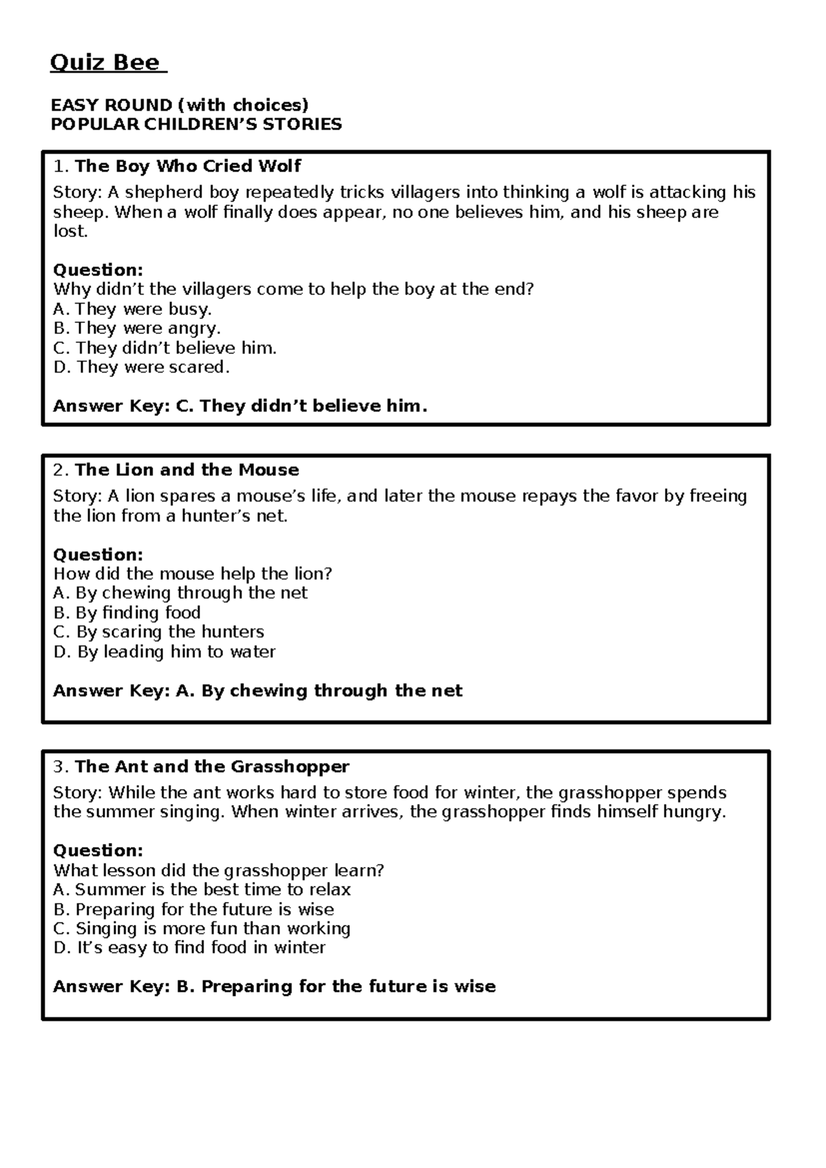 Quiz Bee - Easy Round Sample Questions for CHILDREN'S STORIES - Studocu