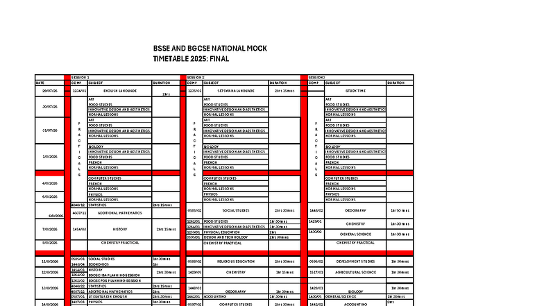 BSSE & BGCSE 2025 National Mock Exam Timetable: Final Sessions - Studocu