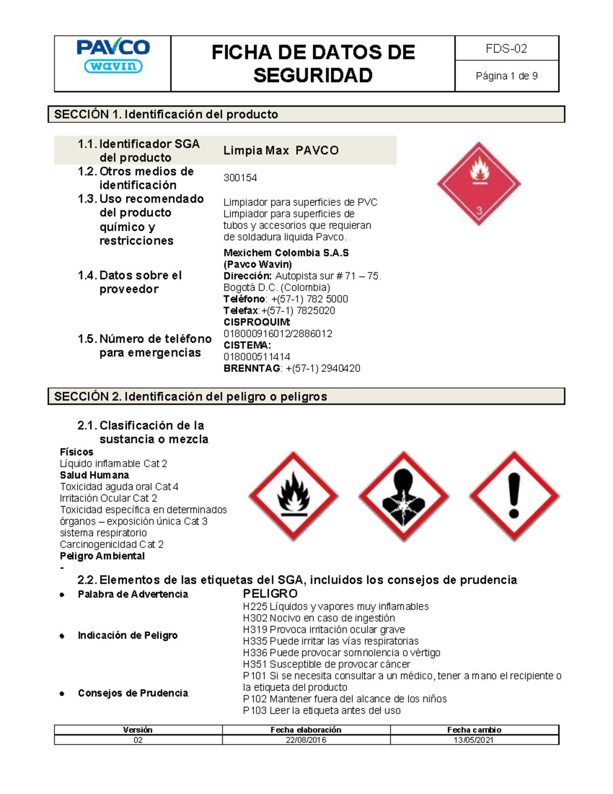 FDS 02 - Ficha de Seguridad del Limpiamax Pavco - Producto Químico ...