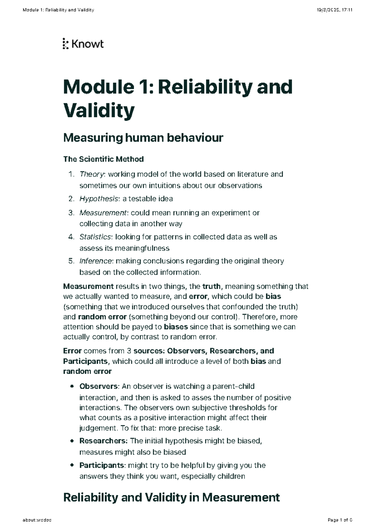 Module 1: Reliability and Validity in Measurement Techniques - Studocu