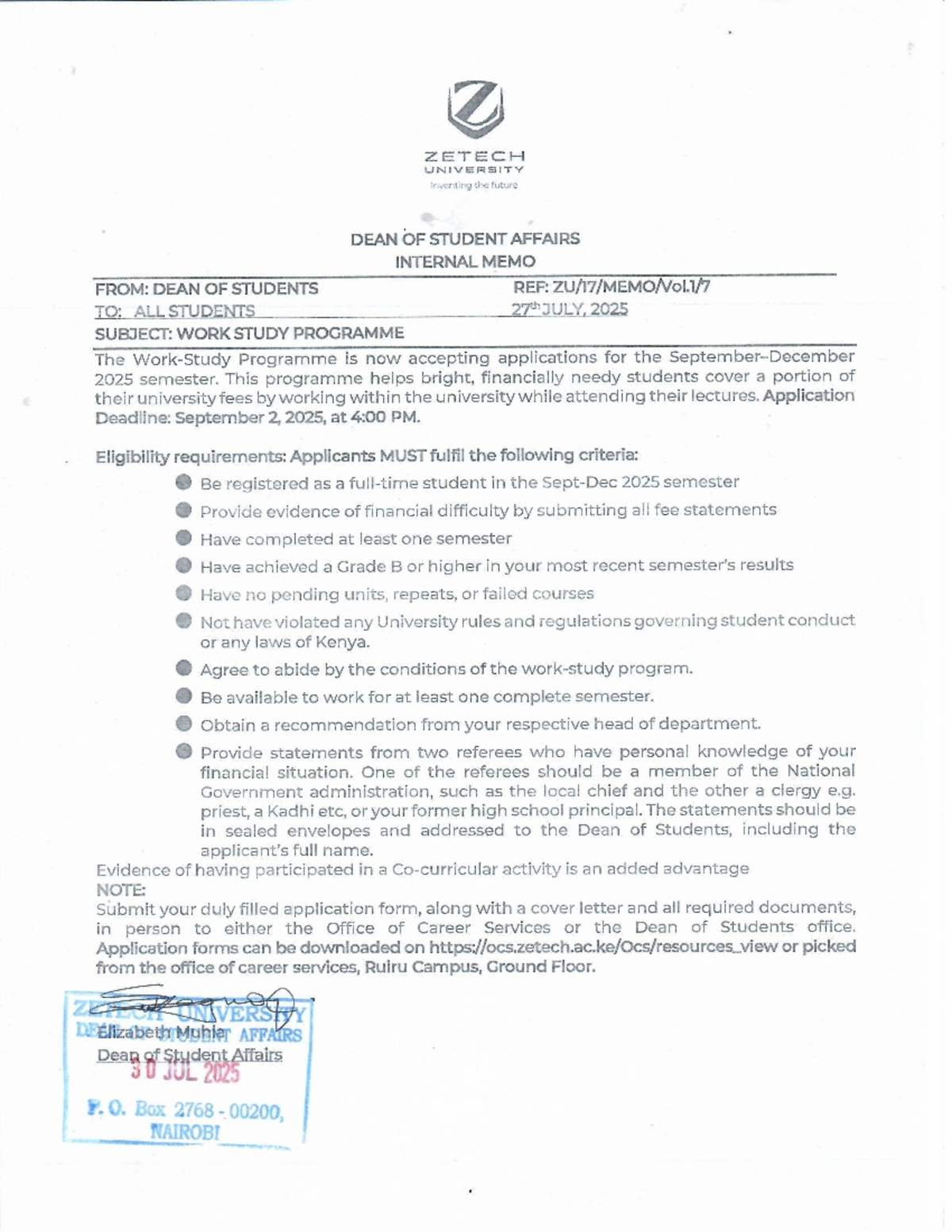 ZETECH UNIVERSITY Work Study Programme Application Form for SEP-DEC ...