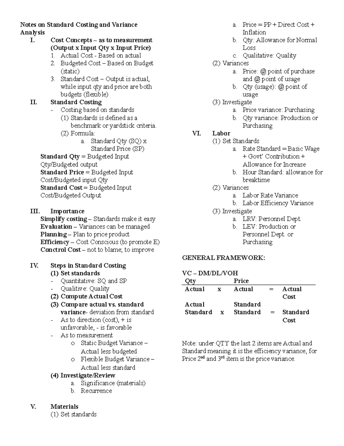 Notes on Standard Costing & Variance Analysis (ACCT 101) - Studocu
