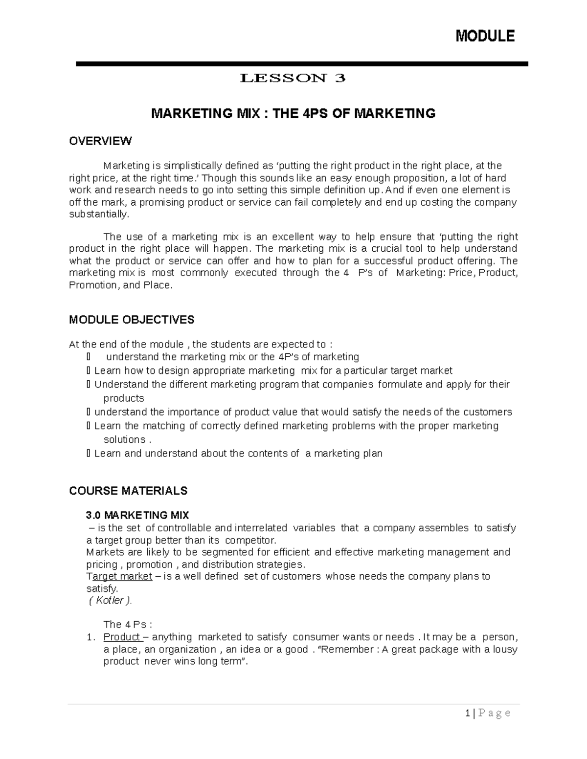IMS Lesson 3: Understanding the Marketing Mix and the 4Ps - Studocu