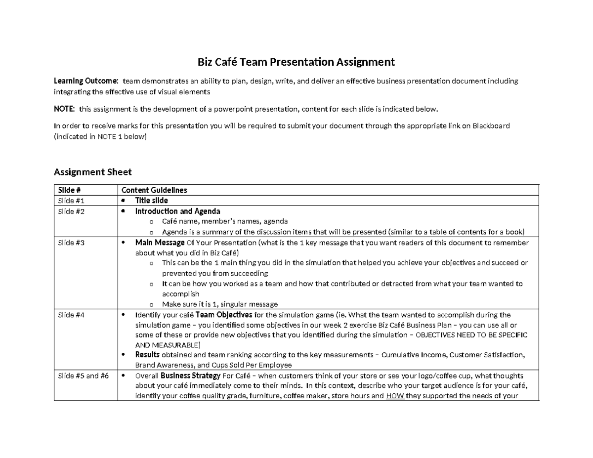 Biz Café Team Presentation Assignment Sheet + Rubric - Biz Café Team ...