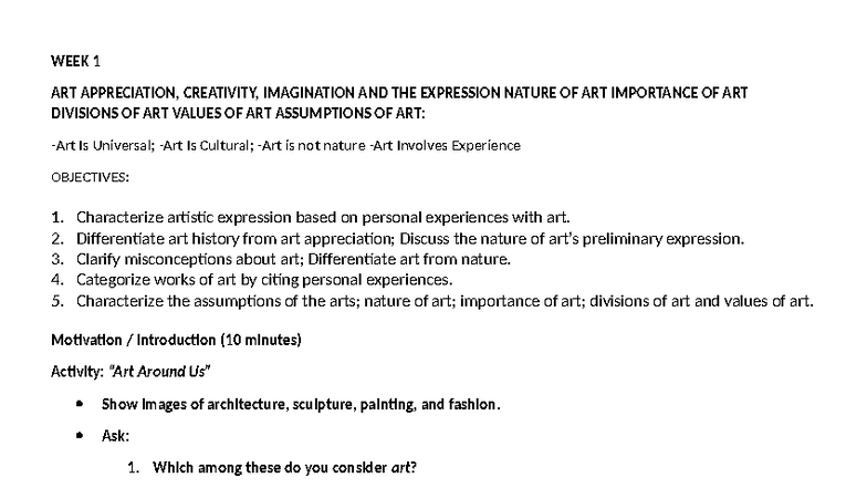 WEEK 1 - ART APPRECIATION: CREATIVITY, IMAGINATION & EXPRESSION - Studocu