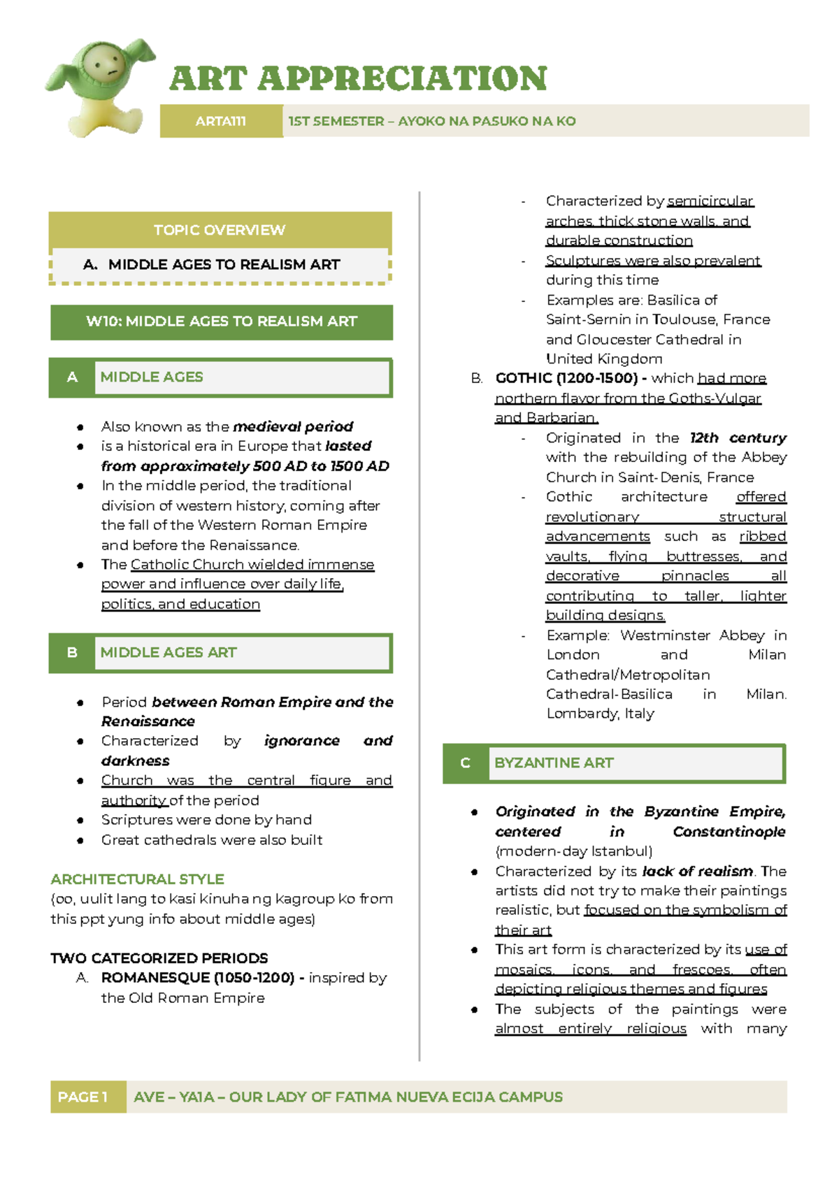 ART APPRECIATION W10: MIDDLE AGES TO REALISM OVERVIEW - Studocu