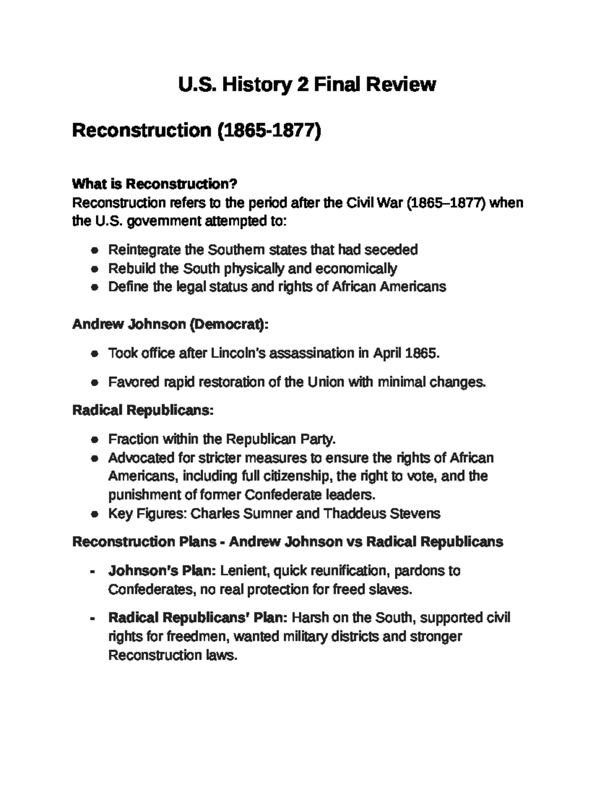U.S. History II Final Exam Review: Reconstruction to the Cold War - Studocu