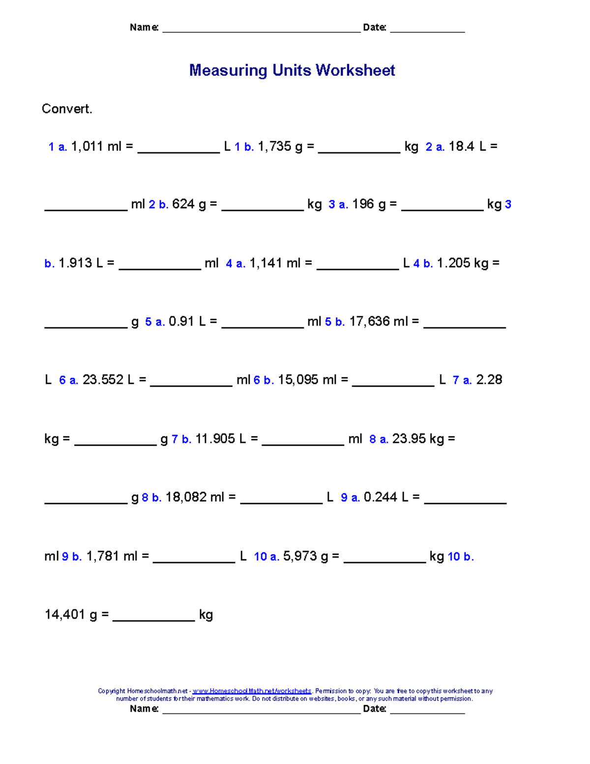 Measurement Units Worksheet test review 1 - Name ...