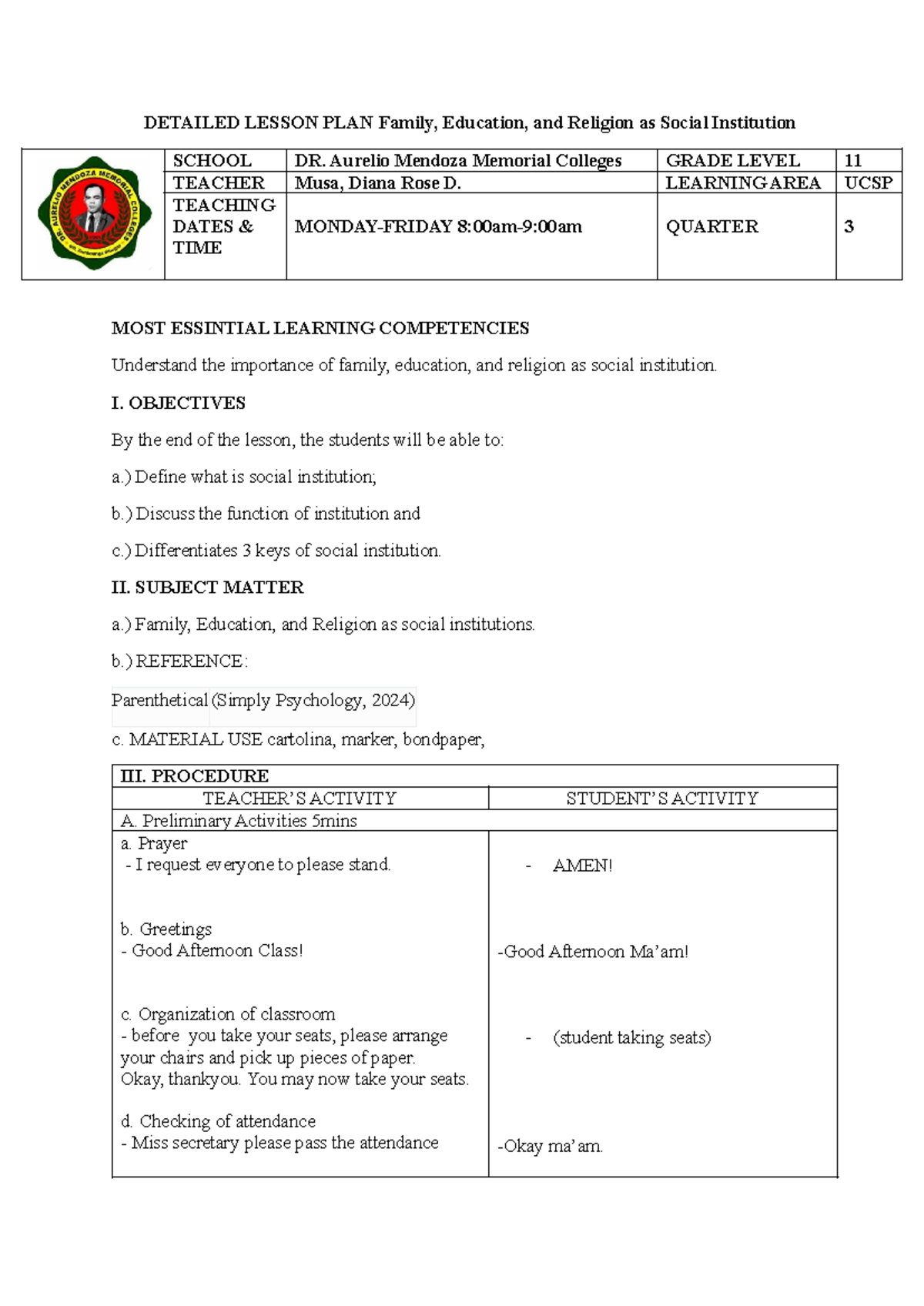Detailed Lesson Plan: Family, Education & Religion in UCSP 11 - Studocu