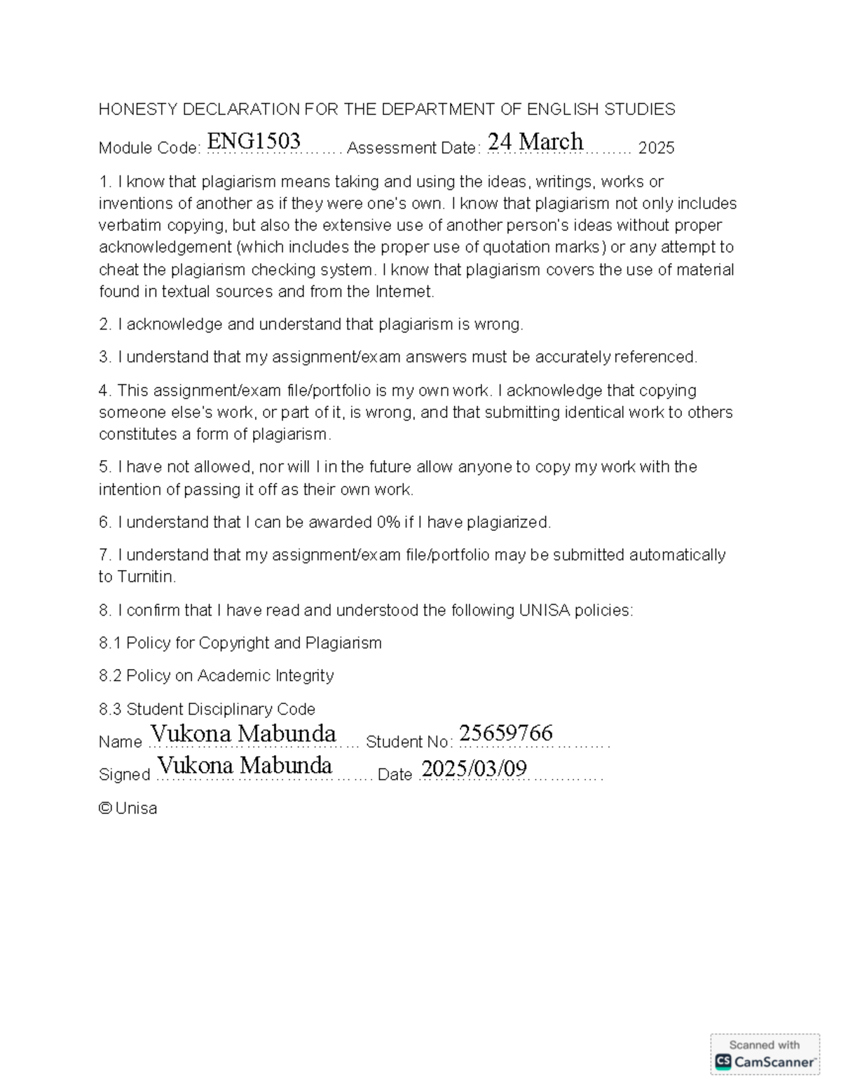 Declaration form(1) 2 - Dddjd - HONESTY DECLARATION FOR THE DEPARTMENT ...
