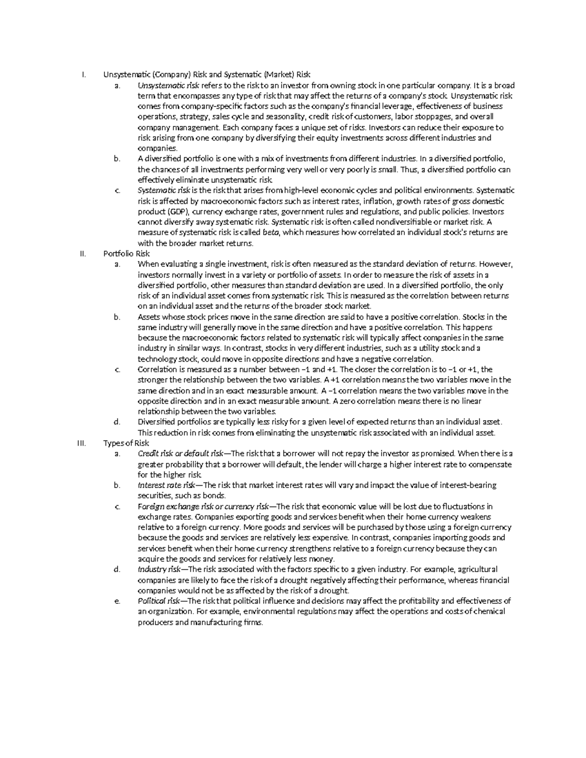 Types of Risk: Unsystematic & Systematic Risk Analysis (FIN 101) - Studocu