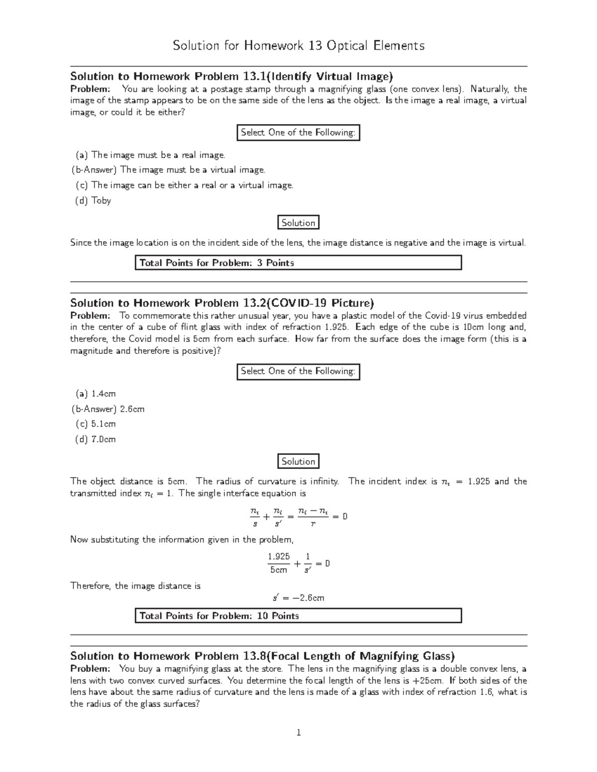 Homework-13-solution - Solution for Homework 13 Optical Elements ...