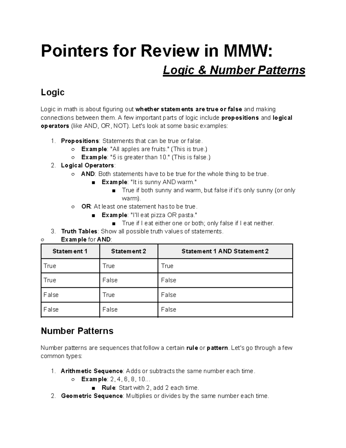 MMW Final Exam Reviewer: Logic, Number Patterns, Sets & Venn Diagrams - Studocu