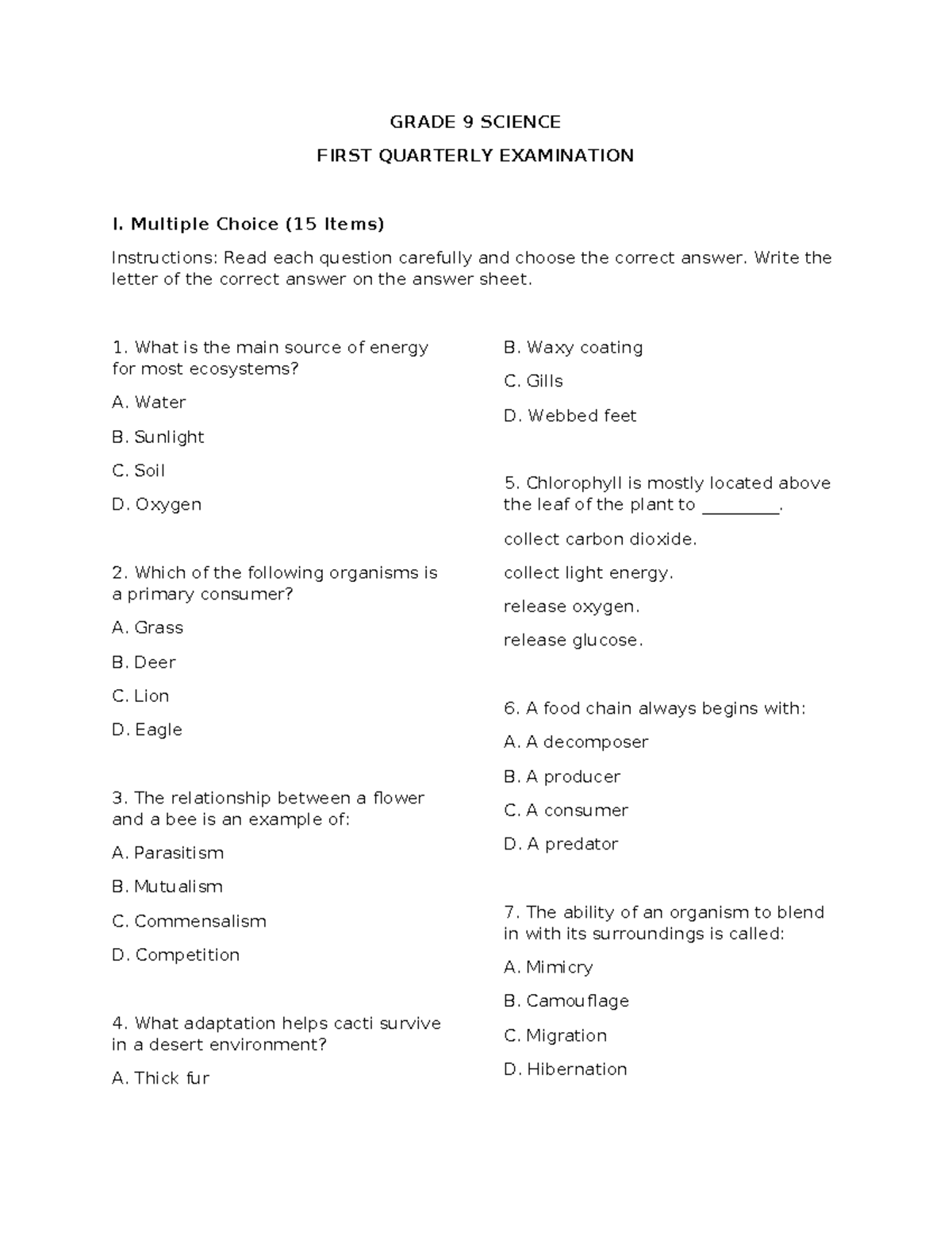 GRADE 9 SCIENCE FIRST QUARTERLY EXAMINATION - TEST QUESTIONS & ANSWERS ...