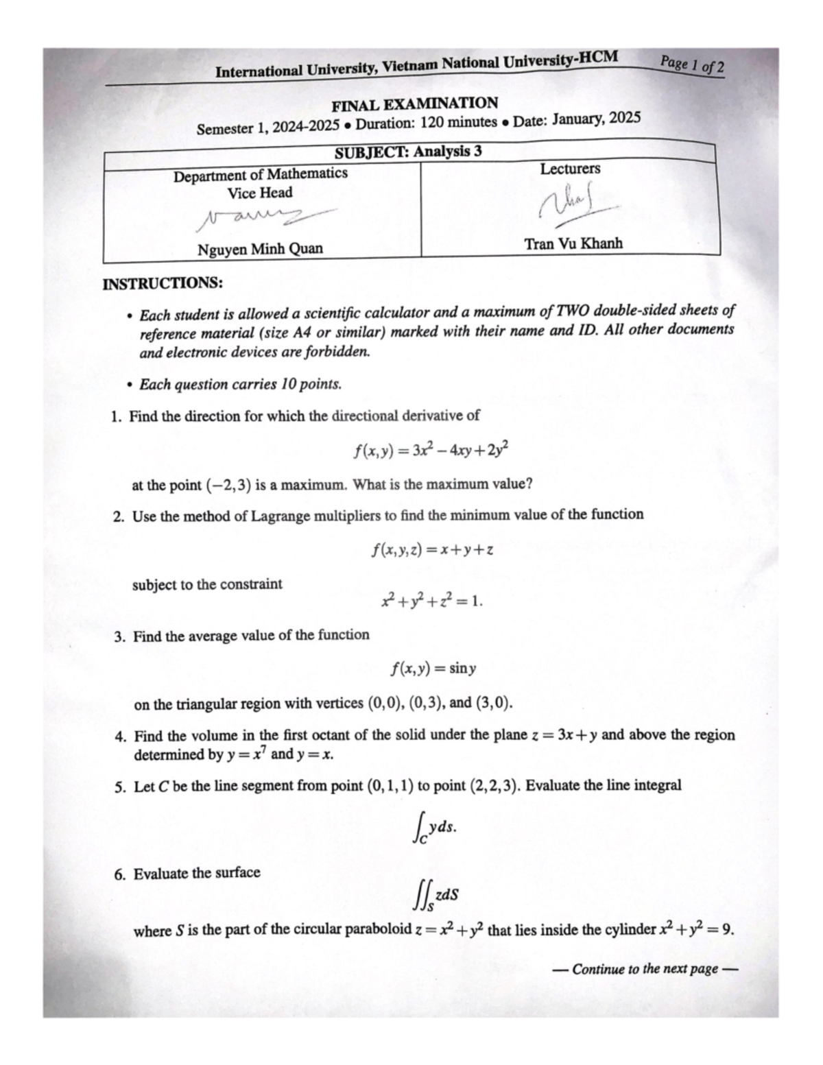 Final Exam Analysis 3 (MATH 202) - January 2025 Overview - Studocu