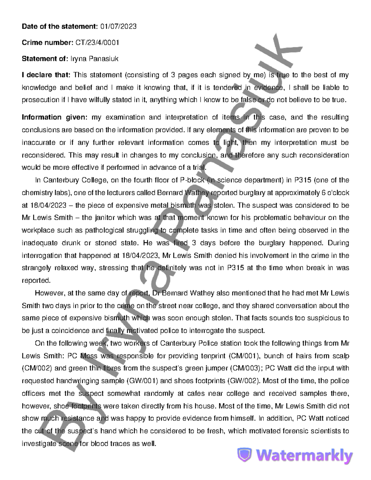 BTEC Level 3 Applied Science Unit 23 A3 Forensic Expert Witness Report ...