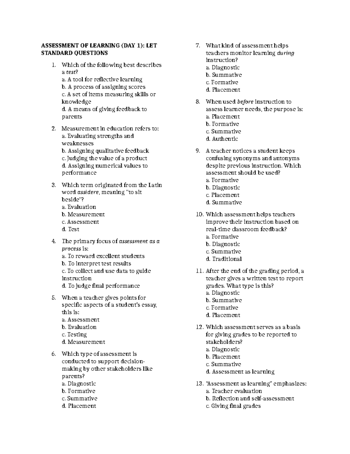 Assessment of Learning (DAY 1): LET Standard Questions & Answers - Studocu