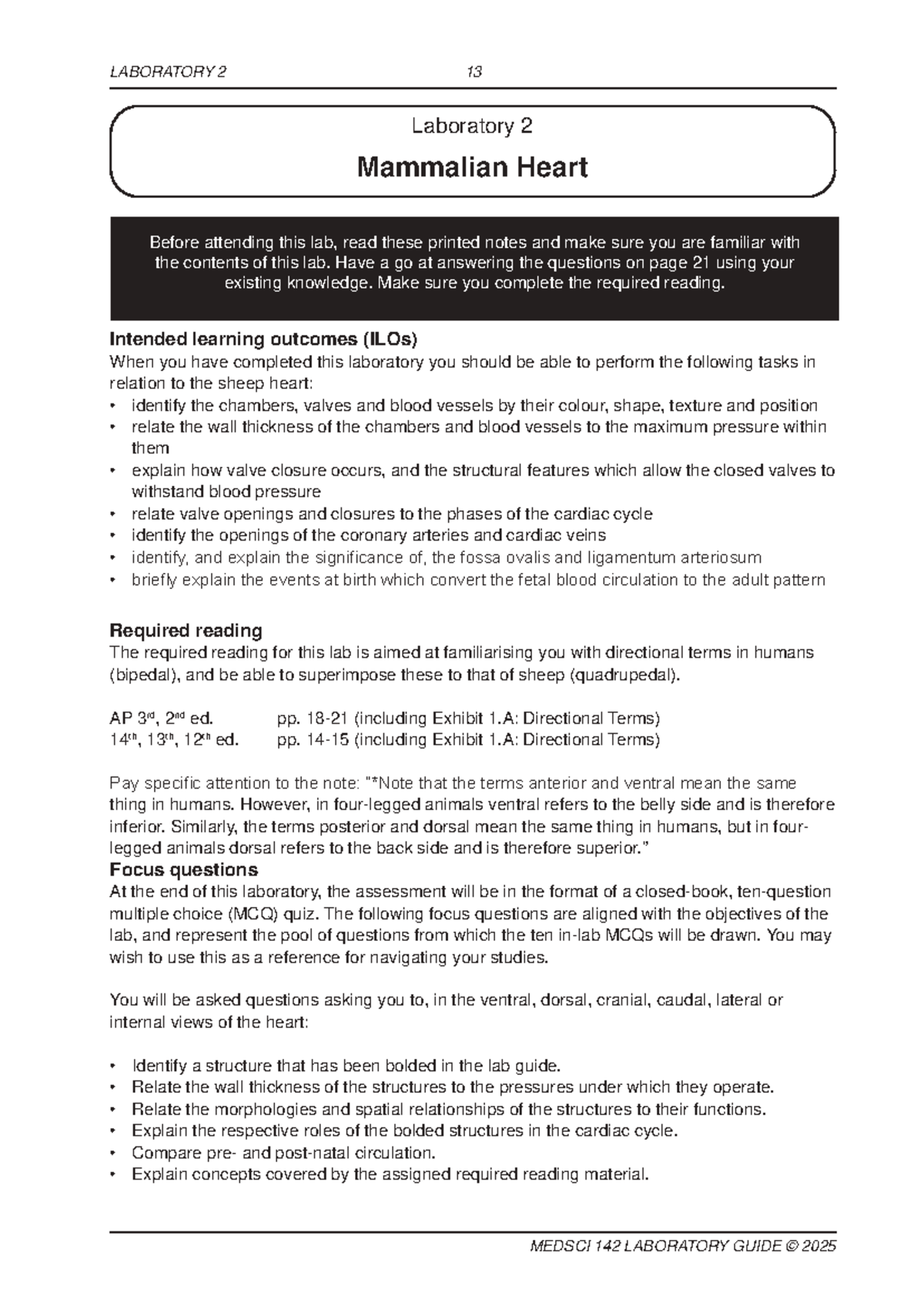 MEDSCI 142 Laboratory 2: Exploring the Mammalian Heart Structure and ...