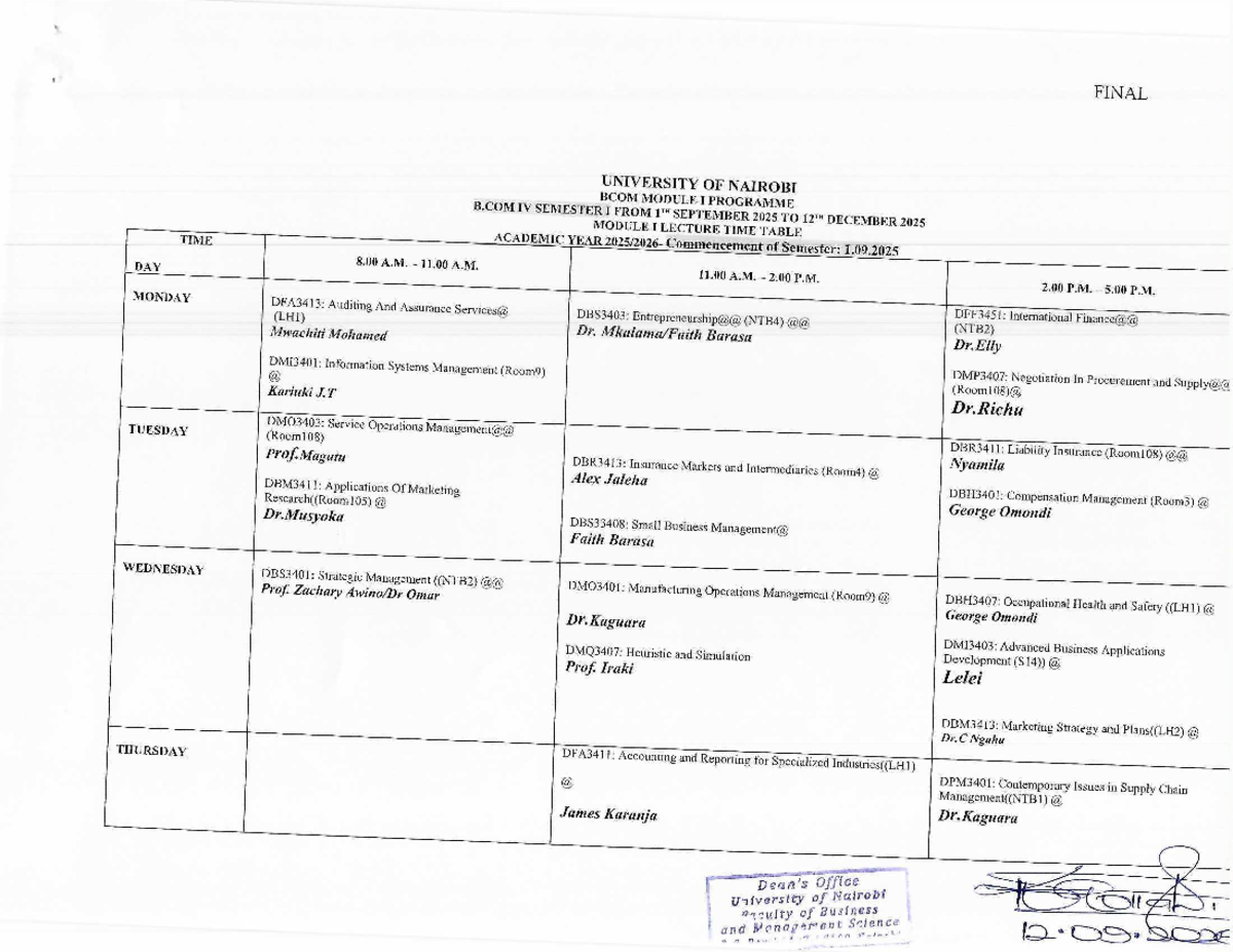 FINAL BCOM II SEMESTER I LECTURE TIMETABLE (SEP-DEC 2025) - Studocu