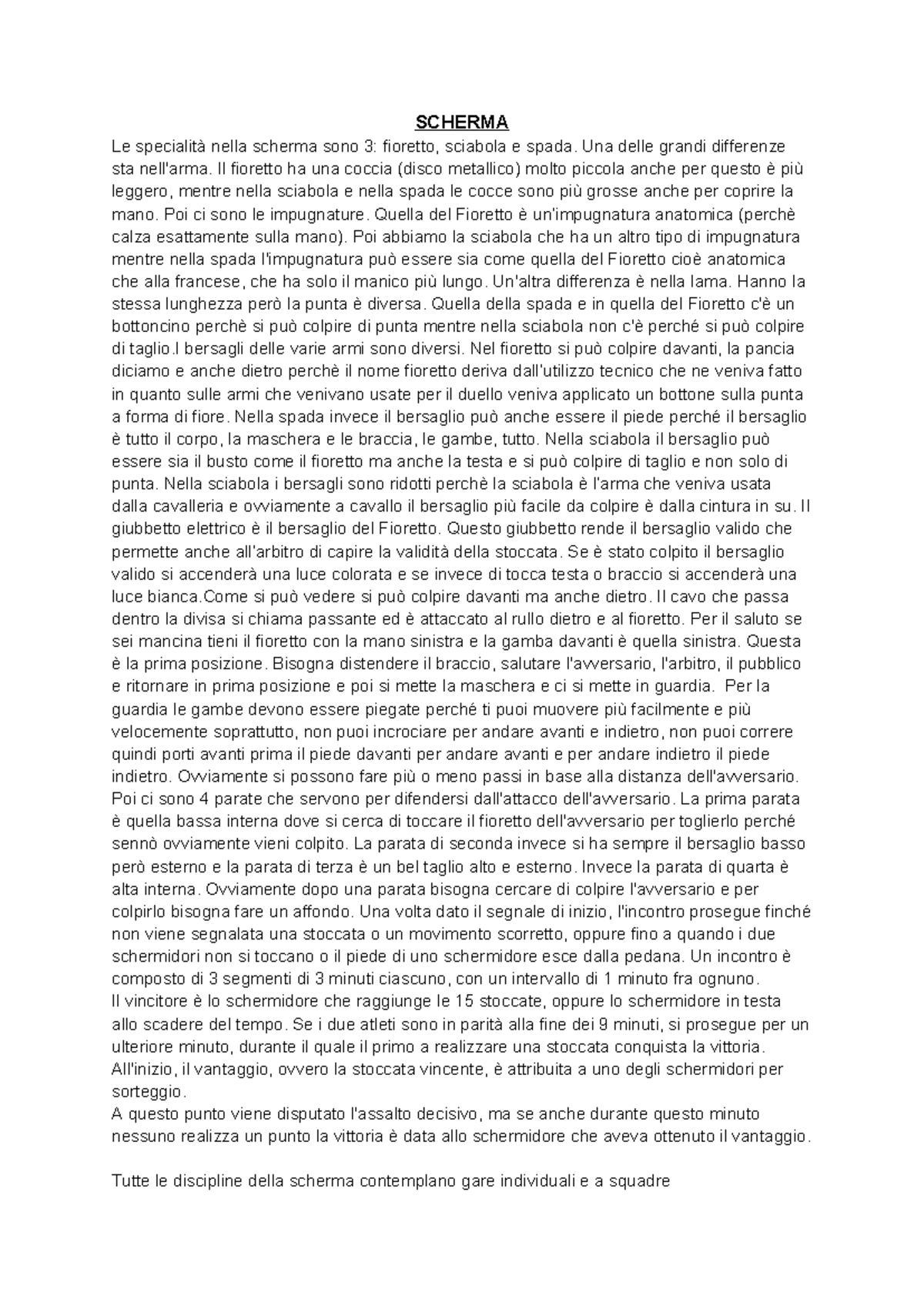 SCHERMA: Differenze tra Fioretto, Sciabola e Spada - Studocu