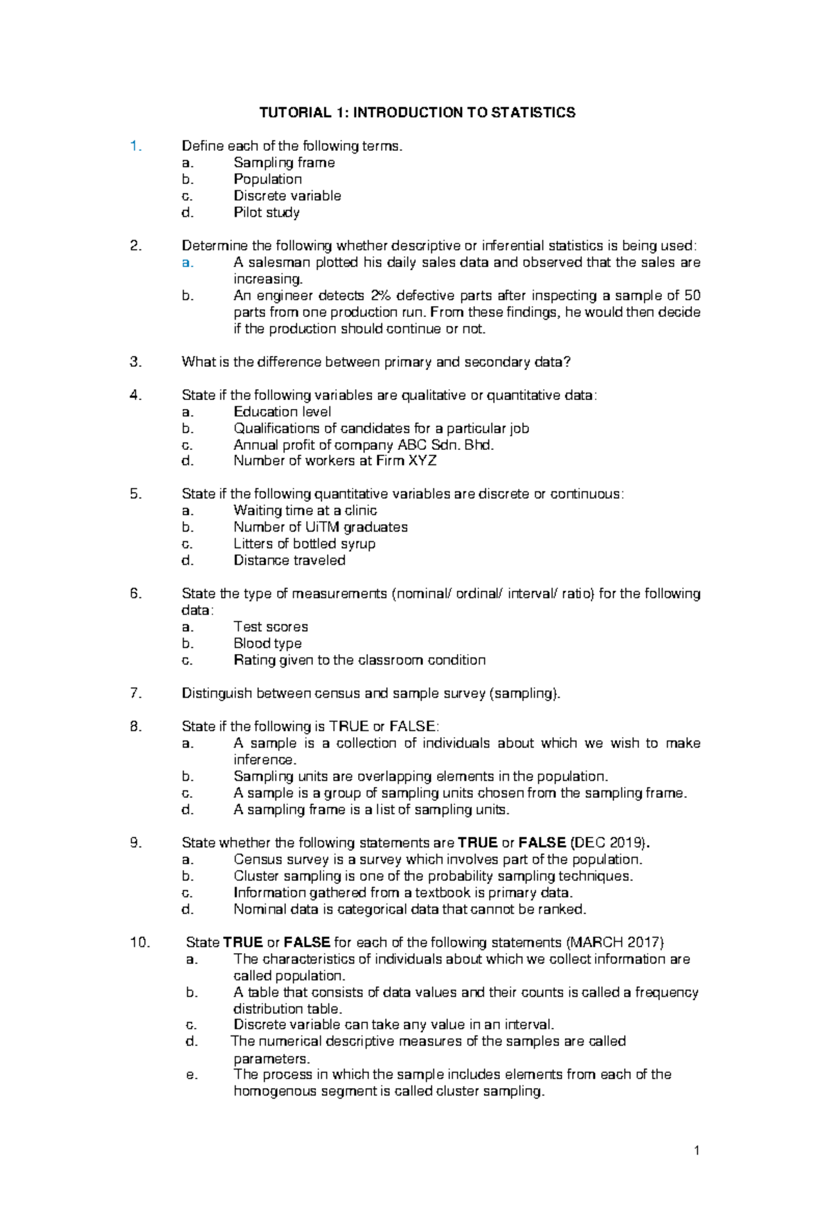 TUTORIAL 1: INTRODUCTION TO STATISTICS - KEY CONCEPTS & DEFINITIONS - Studocu