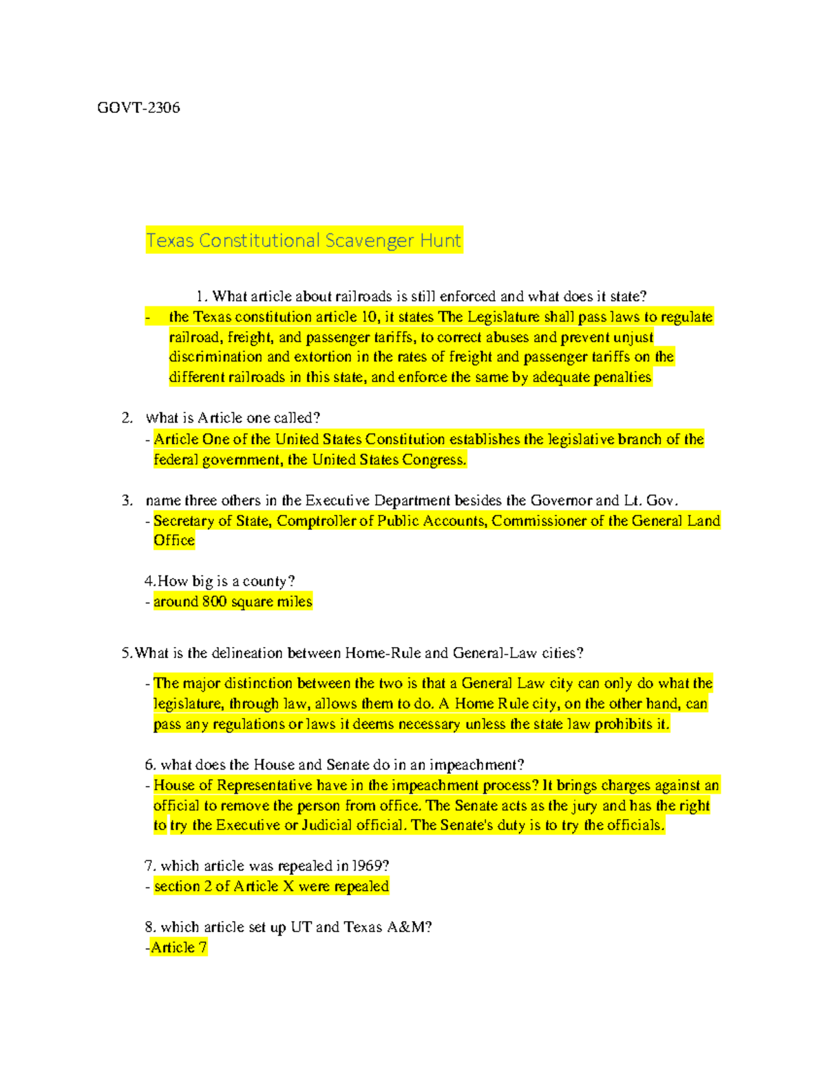 GOVT 101: Texas Constitution Scavenger Hunt Study Guide - Studocu