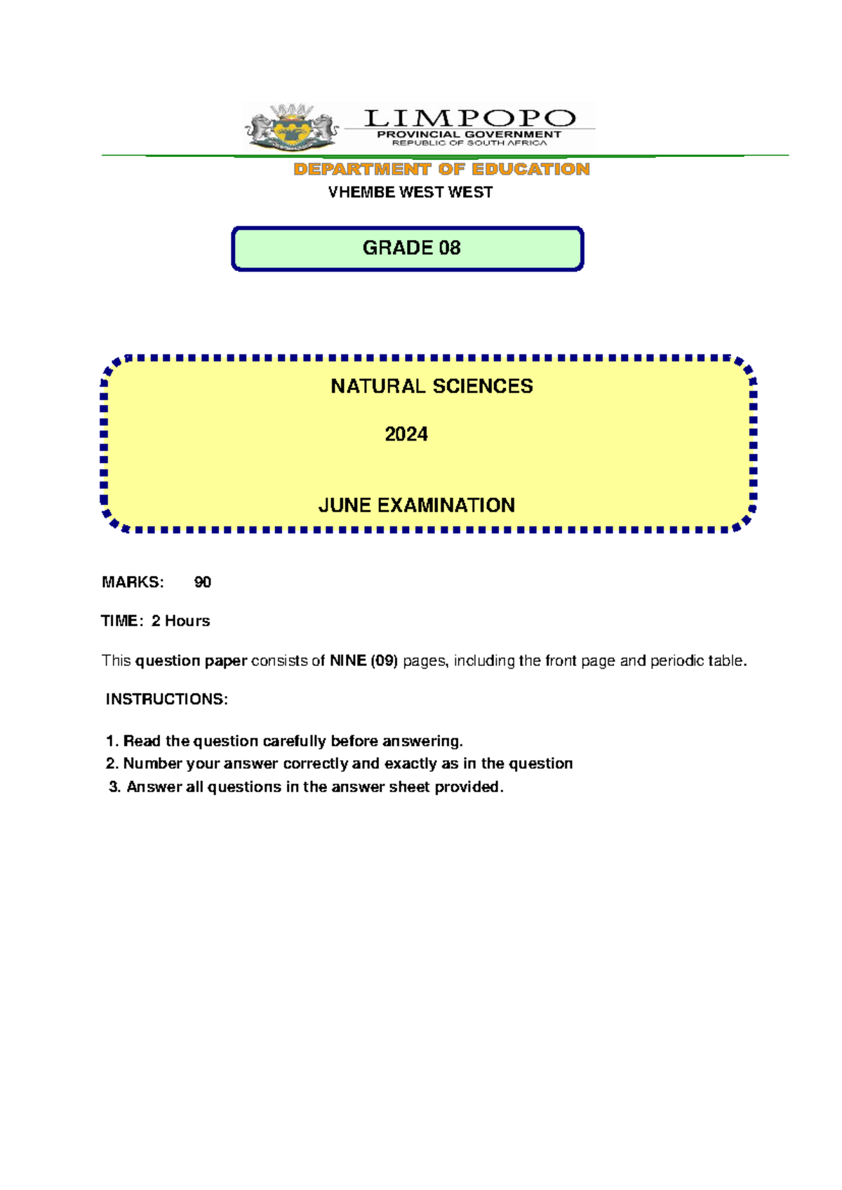 2024 VHEMBE WEST GRADE 8 NATURAL SCIENCES JUNE EXAM QP - Studocu