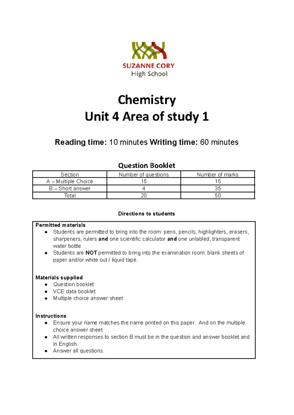 Unit 4 Chemistry AOS1 Solutions 2019 - Question Booklet Answers - Studocu