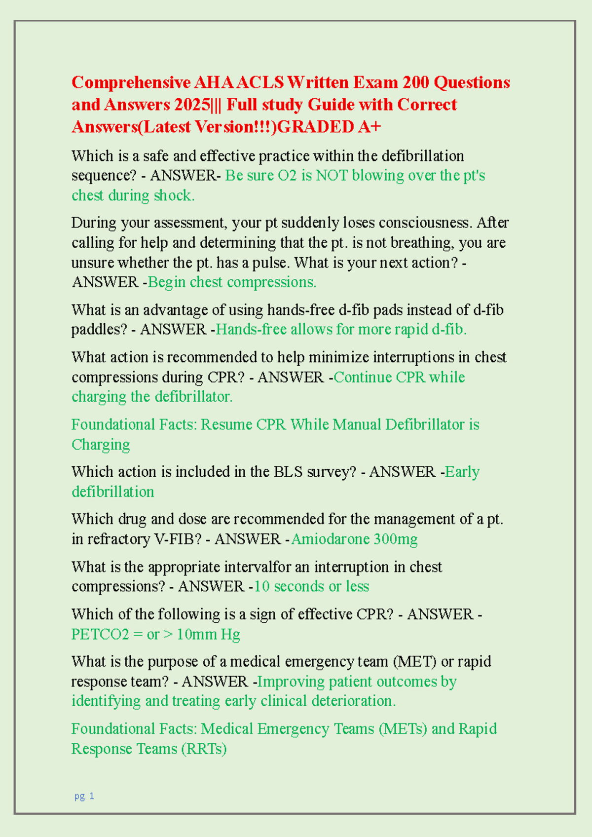 Comprehensive AHA ACLS Written Exam Study Guide: 200 Q&A (2025) - Studocu
