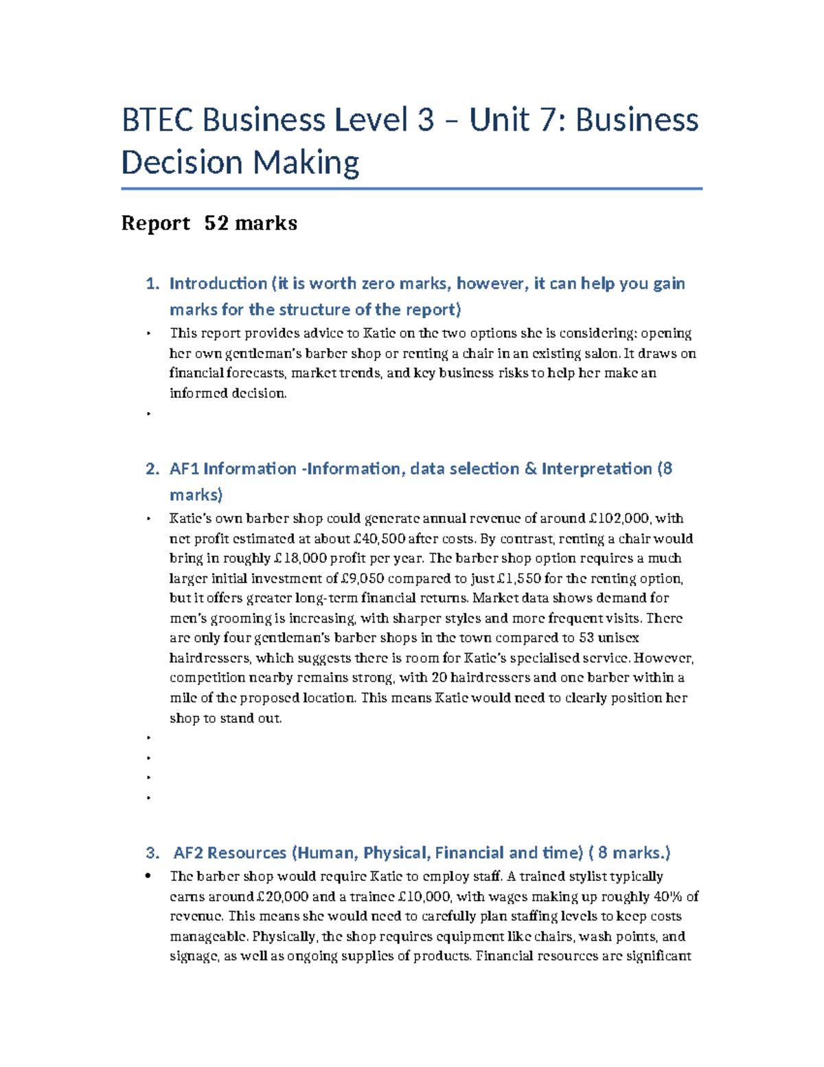 BTEC Business Level 3 Unit 7: Decision Making for Katie's Barber Shop ...