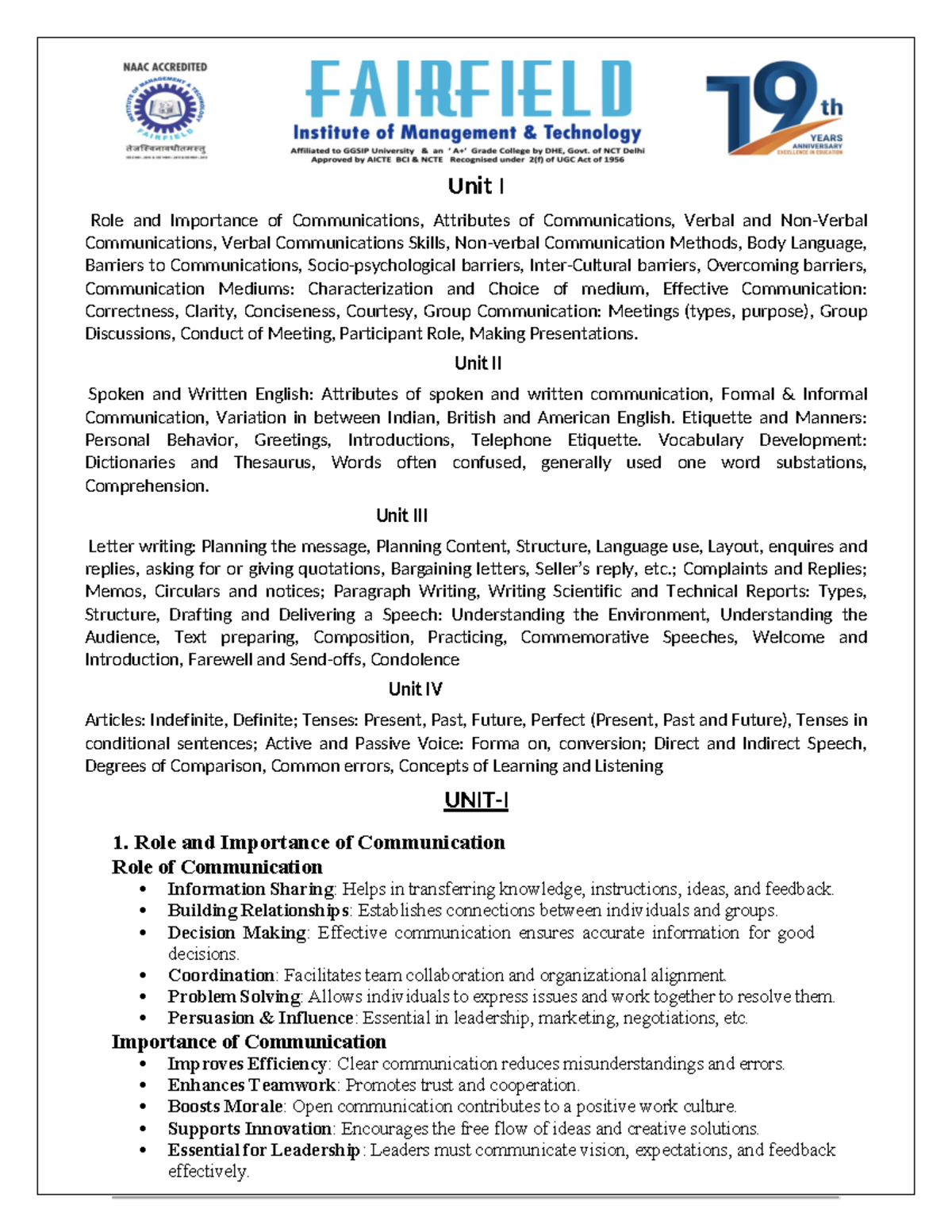 Communications Skills: Unit I-IV Overview and Key Concepts - Studocu