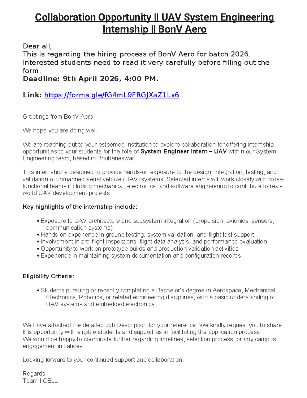 UAV System Engineering Internship Opportunity - BonV Aero 2026 - Studocu