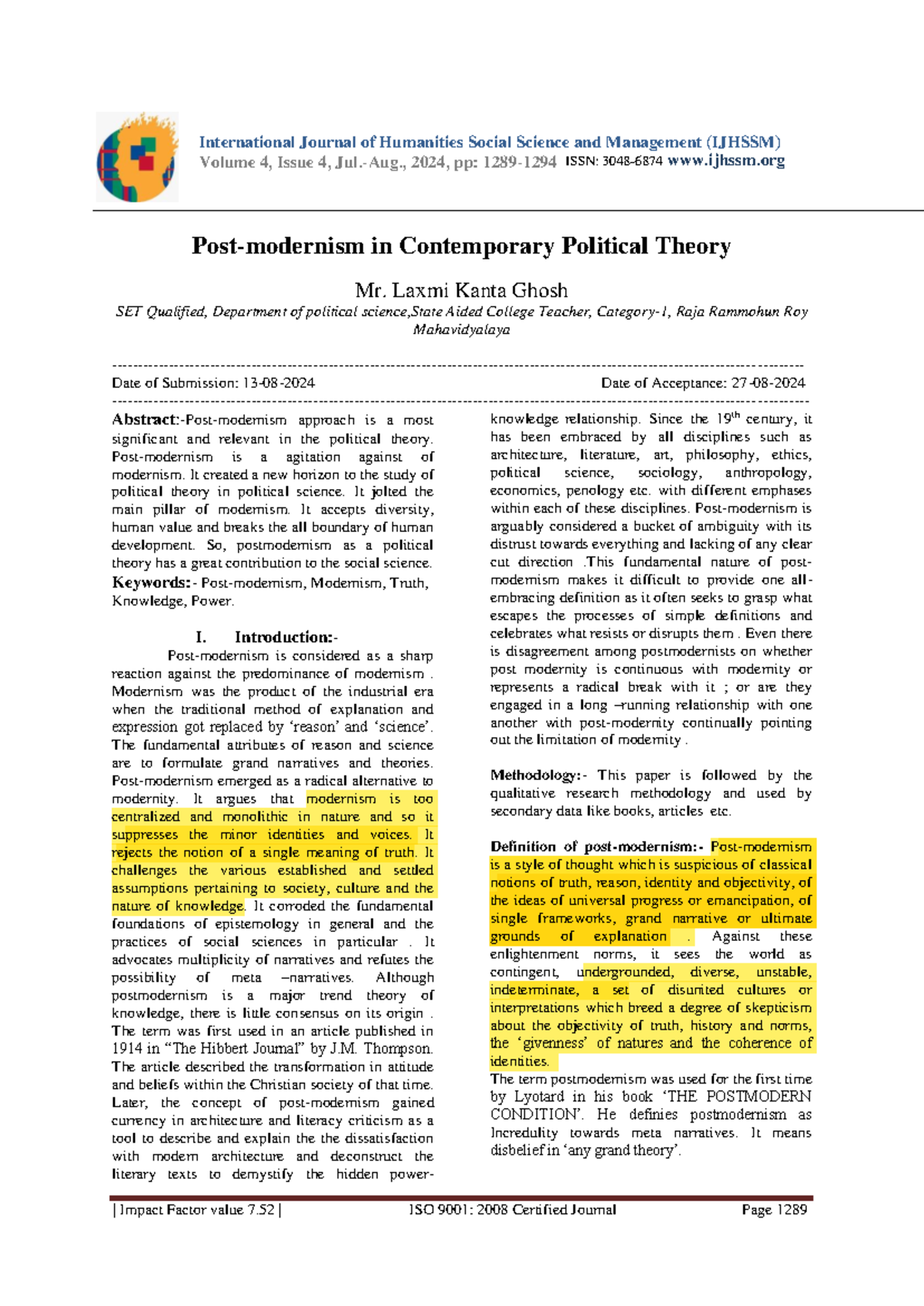 Postmodernism in Contemporary Political Theory (IJHSSM) Volume 4, Issue ...