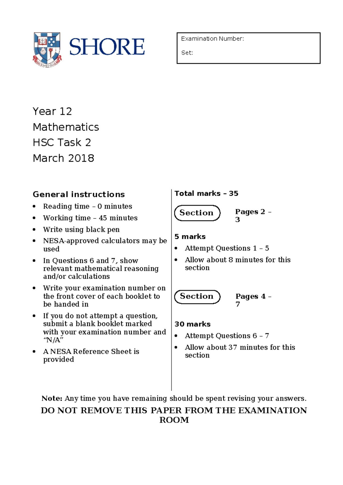 2018 Year 12 HSC Task 2 - 2U Mathematics Exam Paper - Studocu