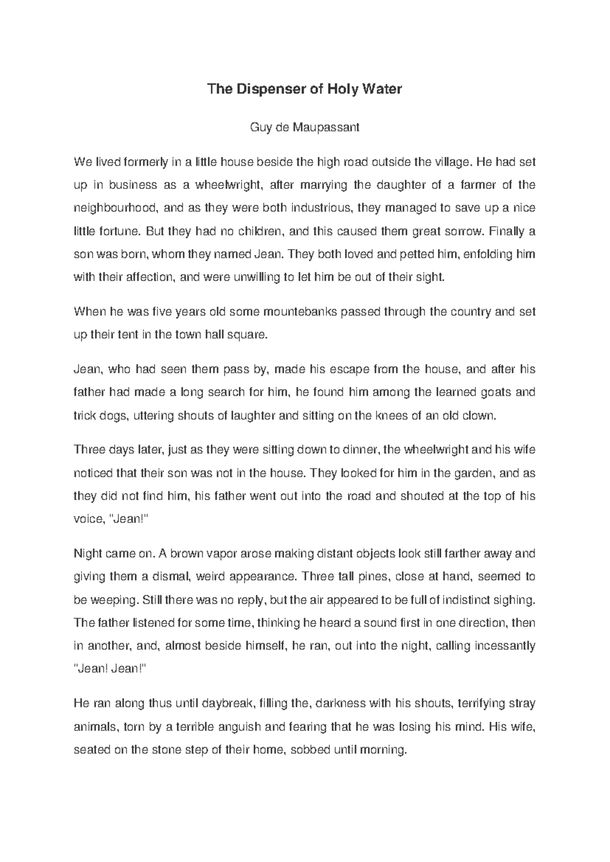 Essay Notes on "The Dispenser of Holy Water" by Guy de Maupassant - Studocu